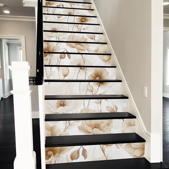 Brown Beige Boho Flower Modern Peel and Stick Vinyl Stair Riser Decals ...