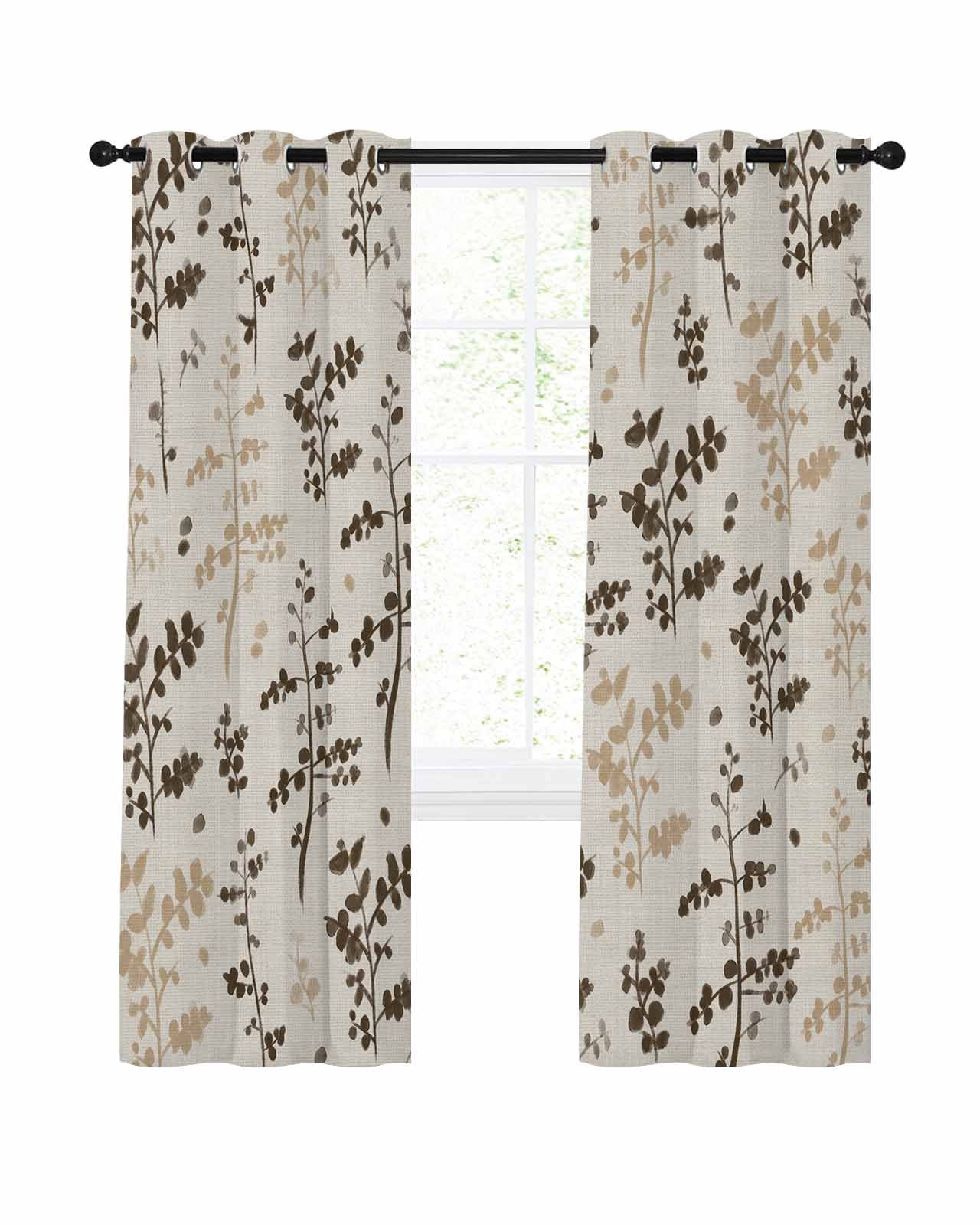 Brown Beige Botanical Blackout Curtains, Light Blocking Print Window ...