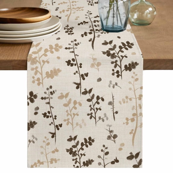 Brown Beige Botanical Cotton Linen Table Runner for Dining Kitchen ...
