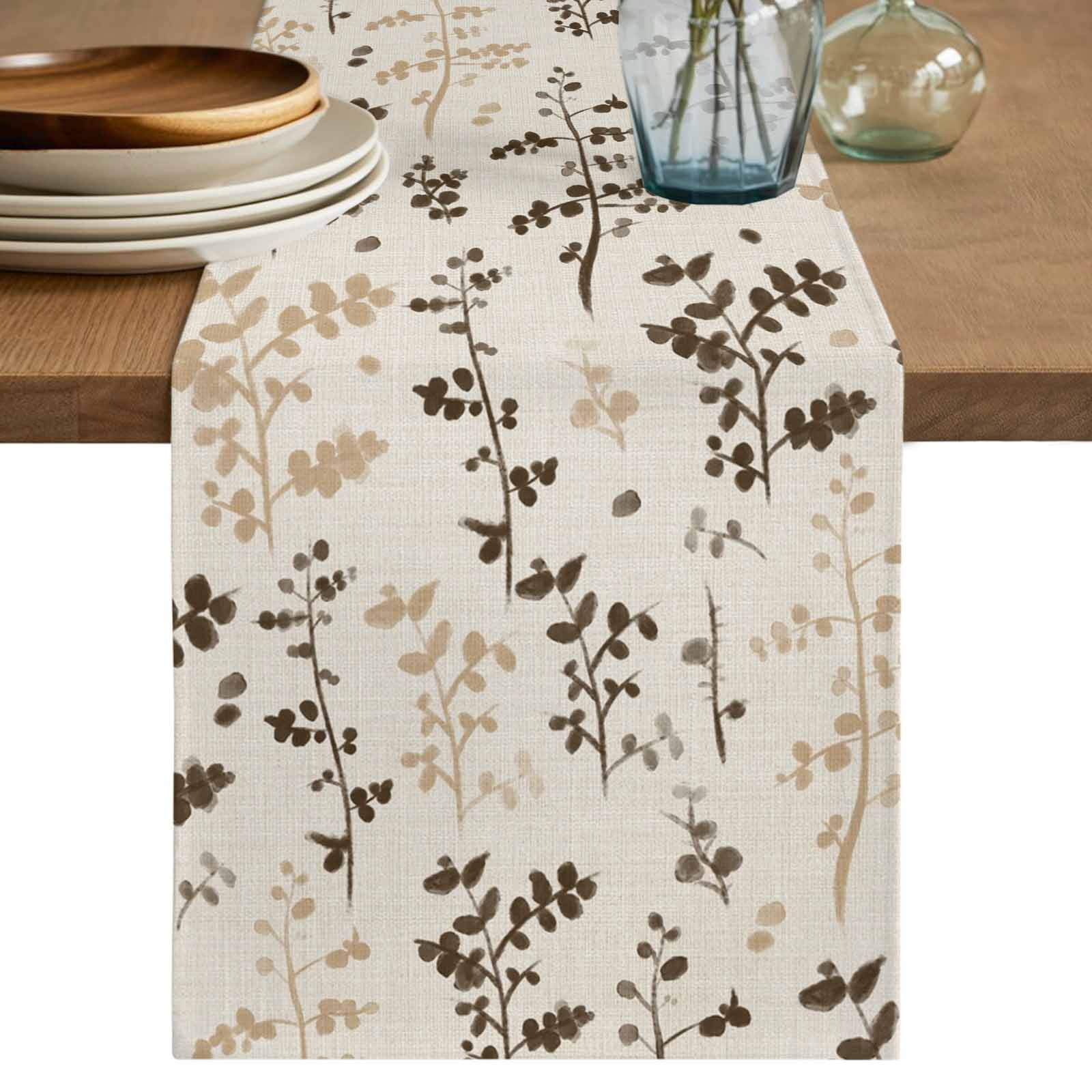 Brown Beige Botanical Table Runner, Rustic Country Spring Floral Summer ...
