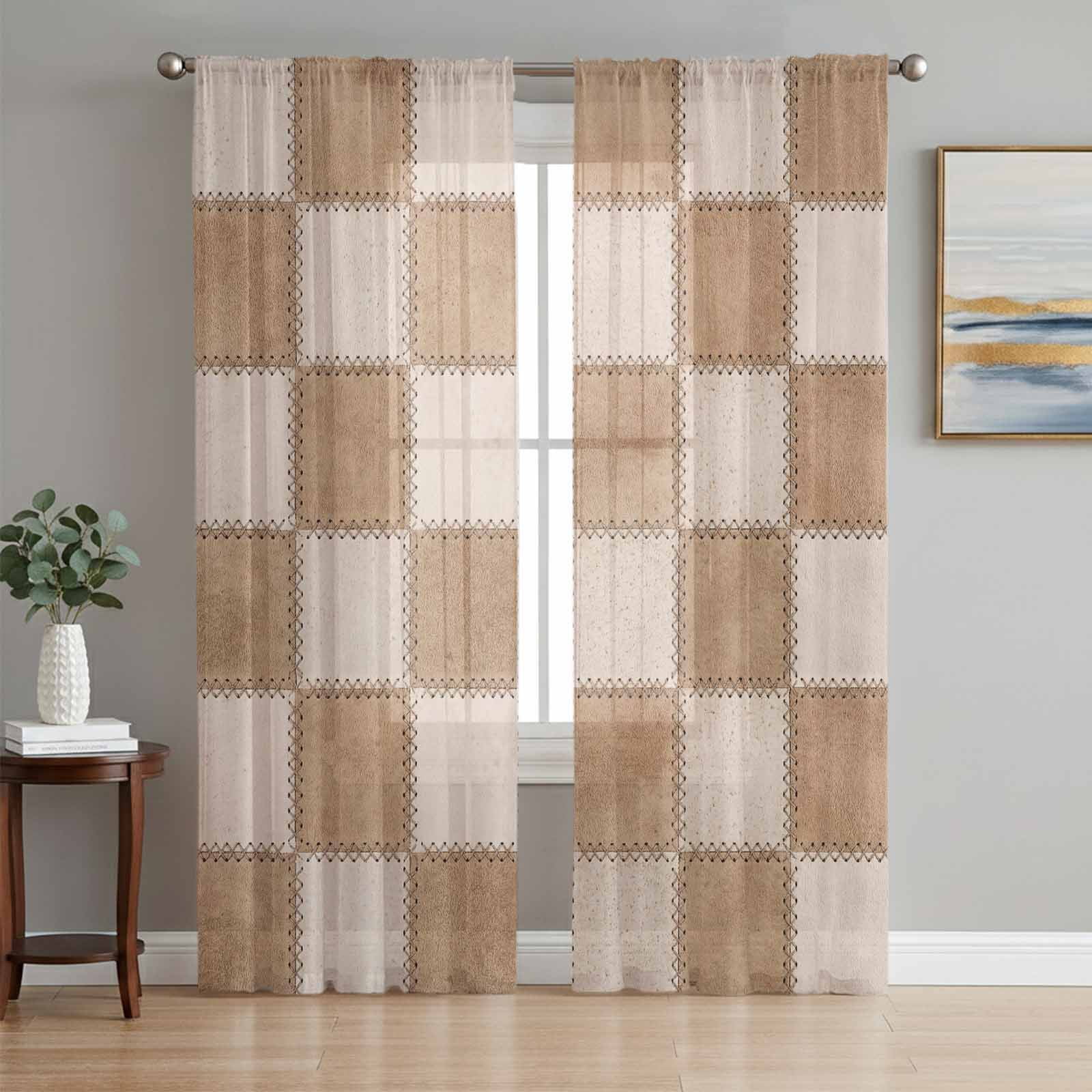Brown Beige Checkered Sheer Curtains 72 Inch Length 2 Panels Set ...