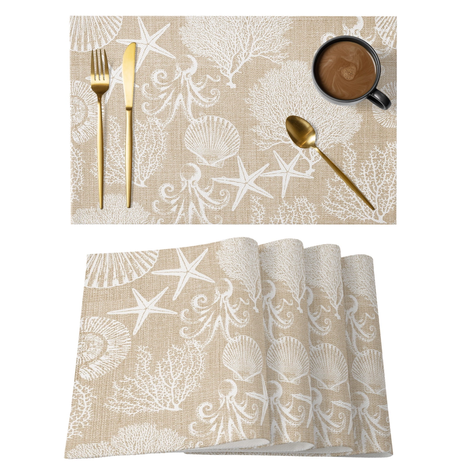Brown Beige Coastal Placemats Set of 12 Nautical Coral Starfish Shell ...