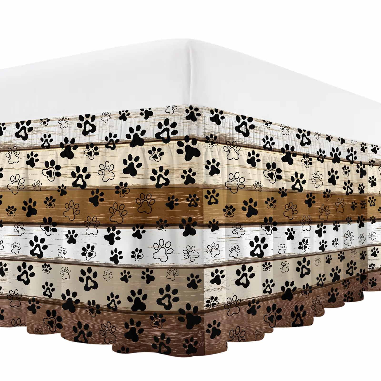 Brown Beige Farmhouse Bed Skirt King Size, Black Dog Paw Vintage Wooden ...