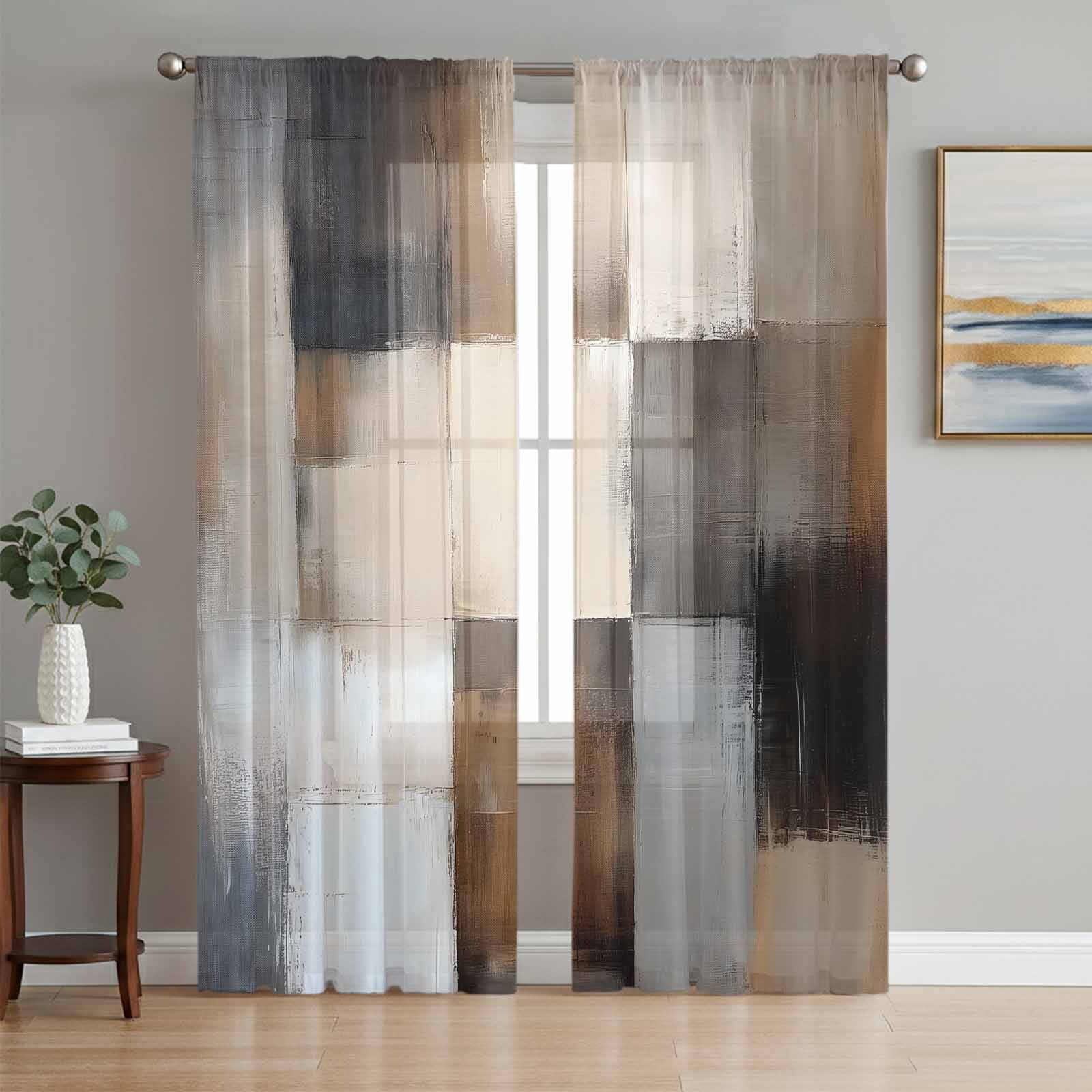Brown Beige Geometric Sheer Curtains 84 Inch Length 2 Panels Set ...