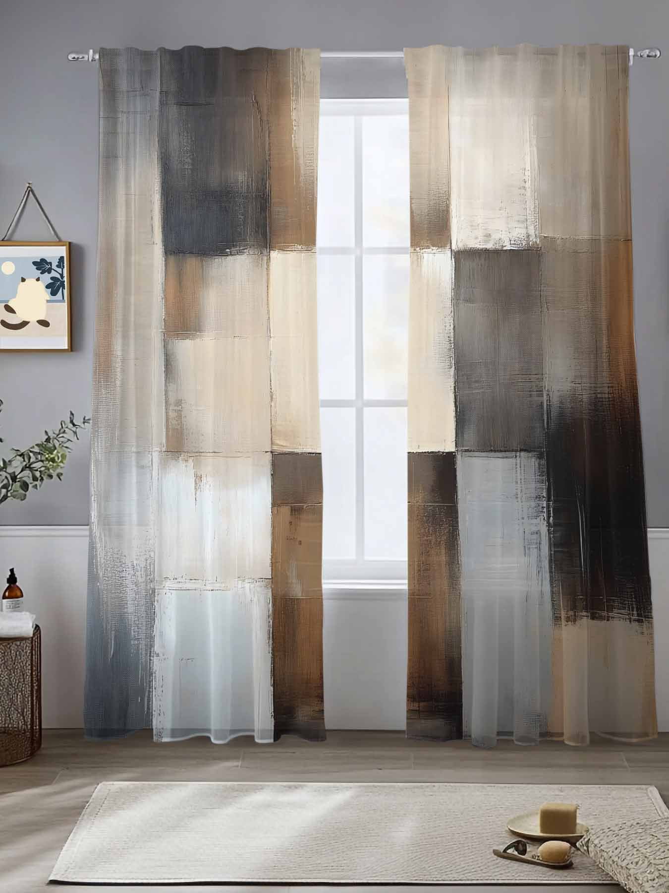 Brown Beige Geometric Sheer Curtains for Living Room Bedroom Abstract ...