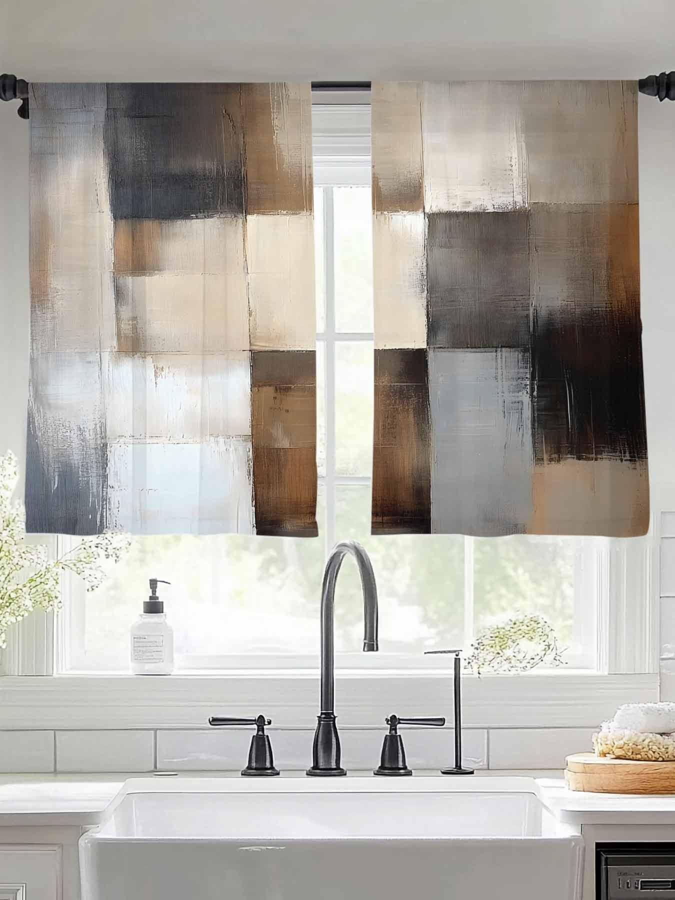 Brown Beige Geometric Sheer Curtains for Living Room Bedroom Abstract ...