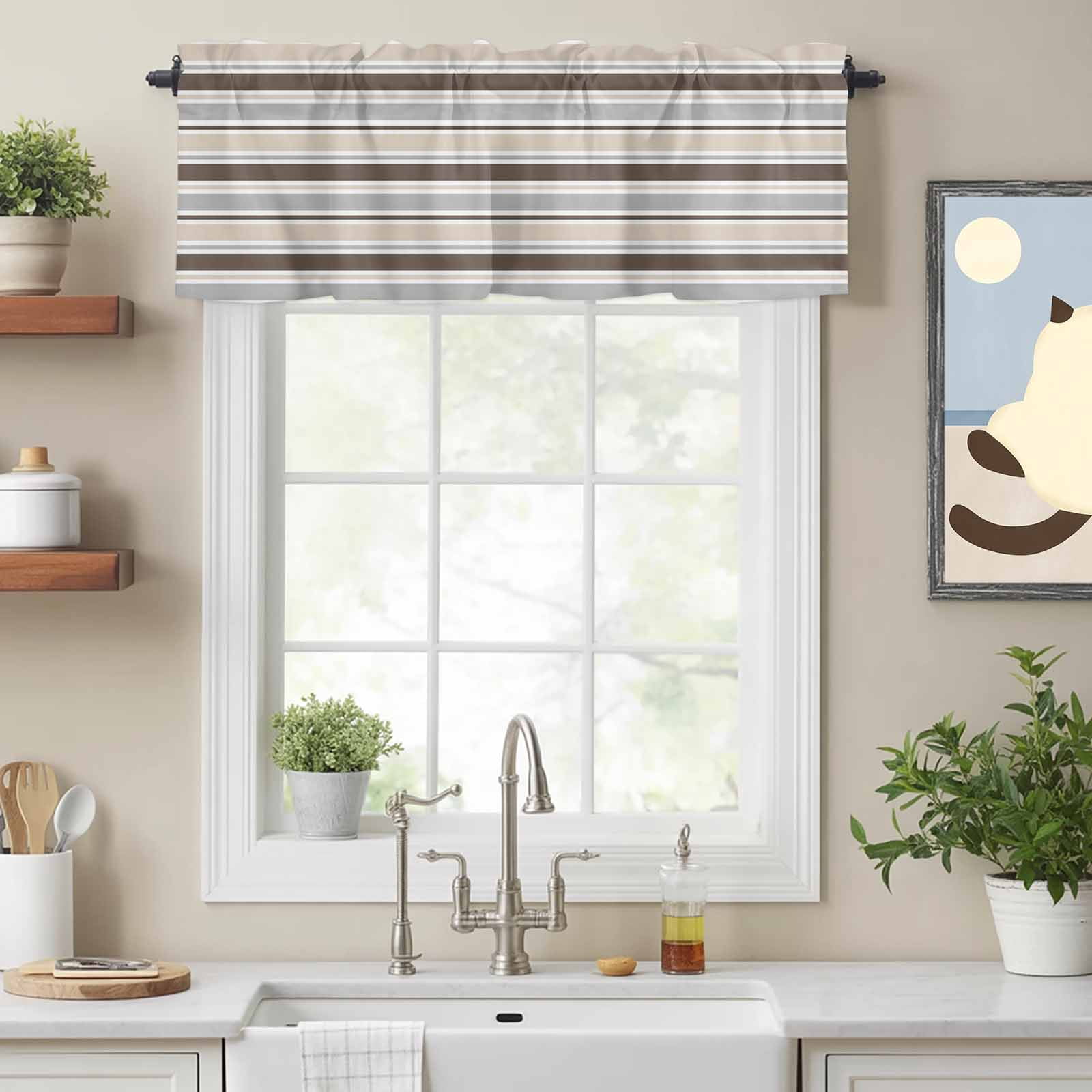 Brown Beige Gray Stripes Line Valances for Windows,Rod Pocket Valance ...