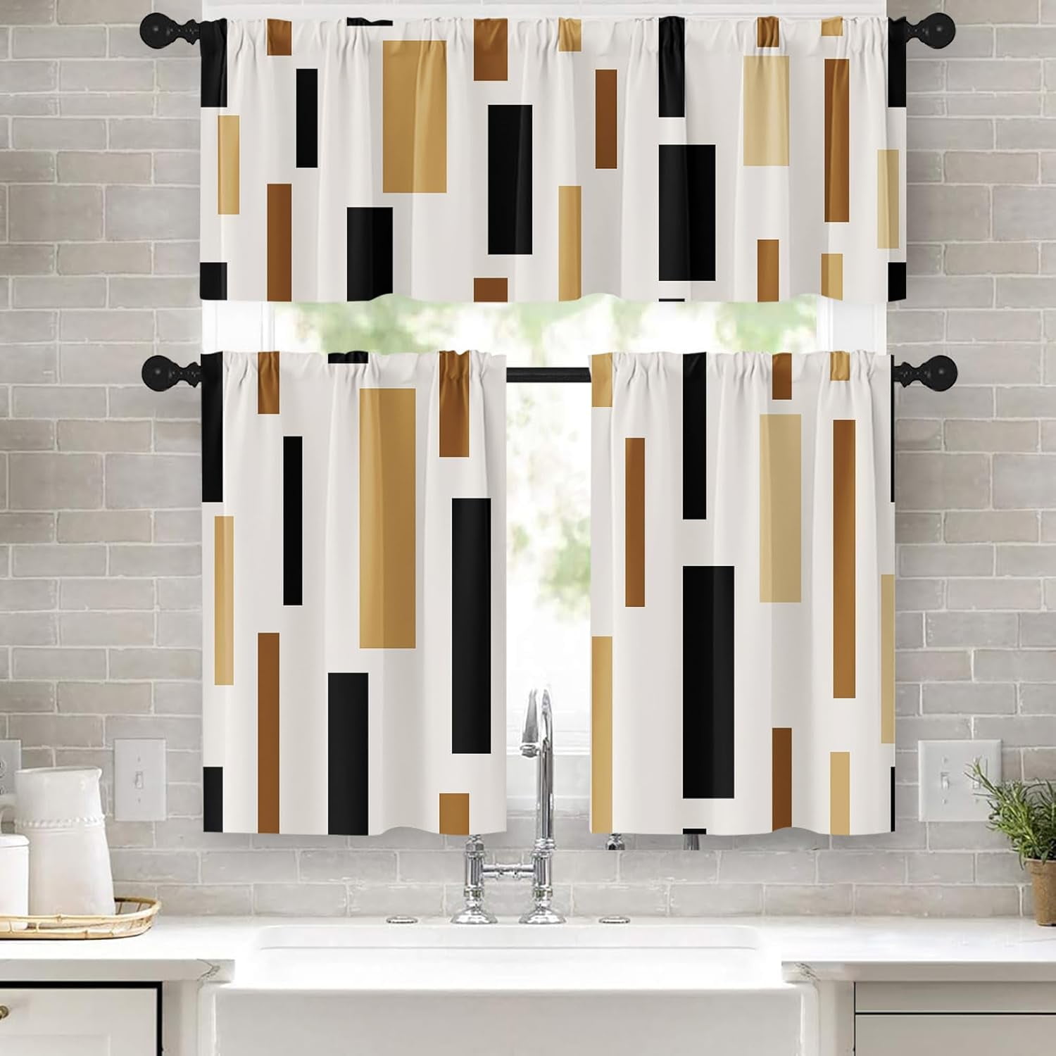 Brown Beige Kitchen Curtains Geometric Black Window Curtains Valance ...