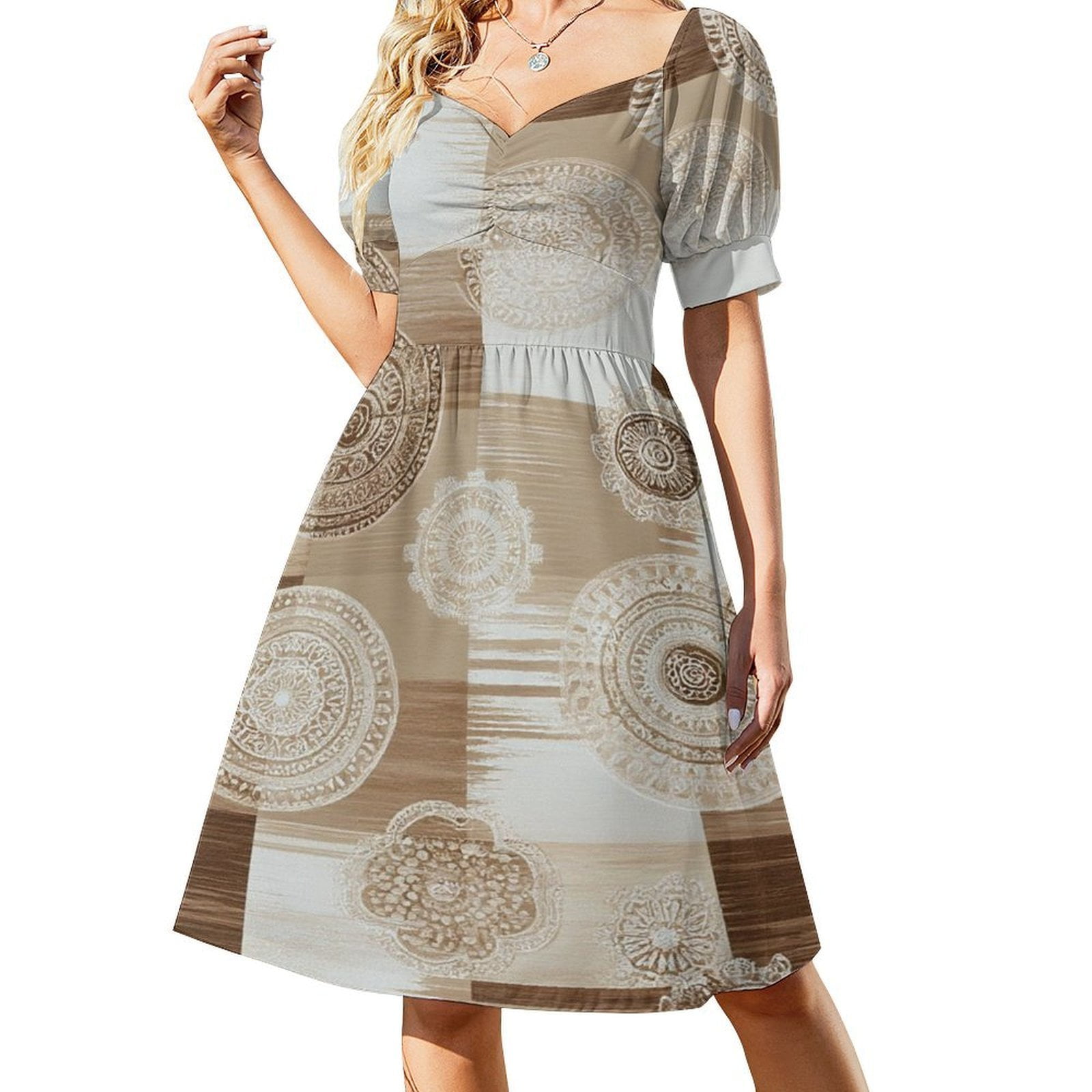 Brown Beige Patterned Rug Design Short Sleeve Dress Clothes Women's ...