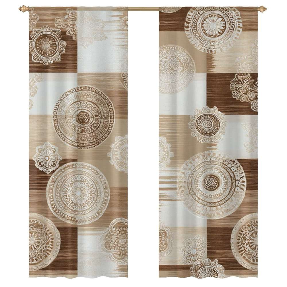 Brown Beige Patterned Rug Design Tulle Curtains For Living Room Chiffon ...