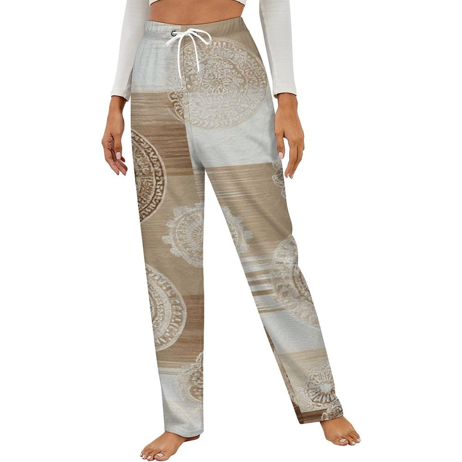 Brown Beige Patterned Rug Design Winter Female Pants Flannel High Waist ...