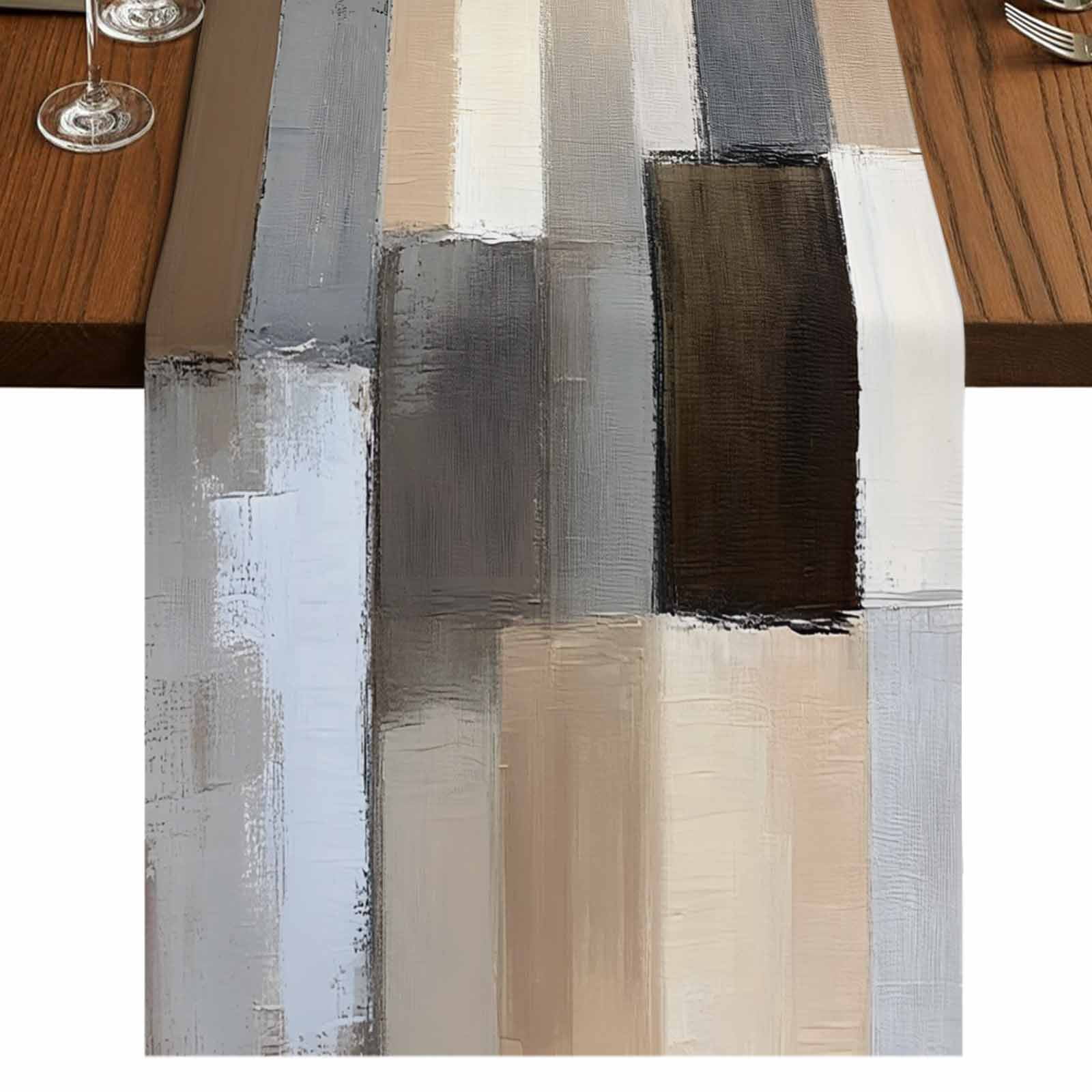 Brown Beige Plaid 72 Inch Table Runner, Abstract Oil Painting Checkered ...
