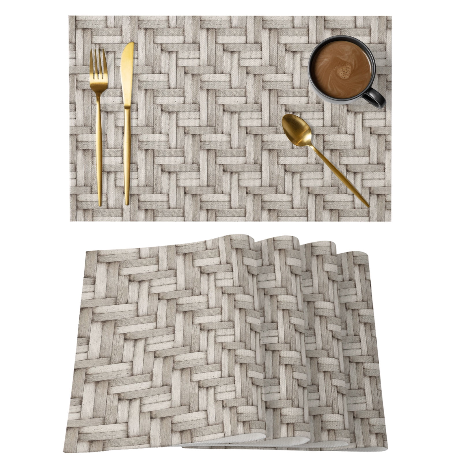 Brown Beige Rattan Placemats Set of 6 Farmhouse Vintage Wicker Texture ...