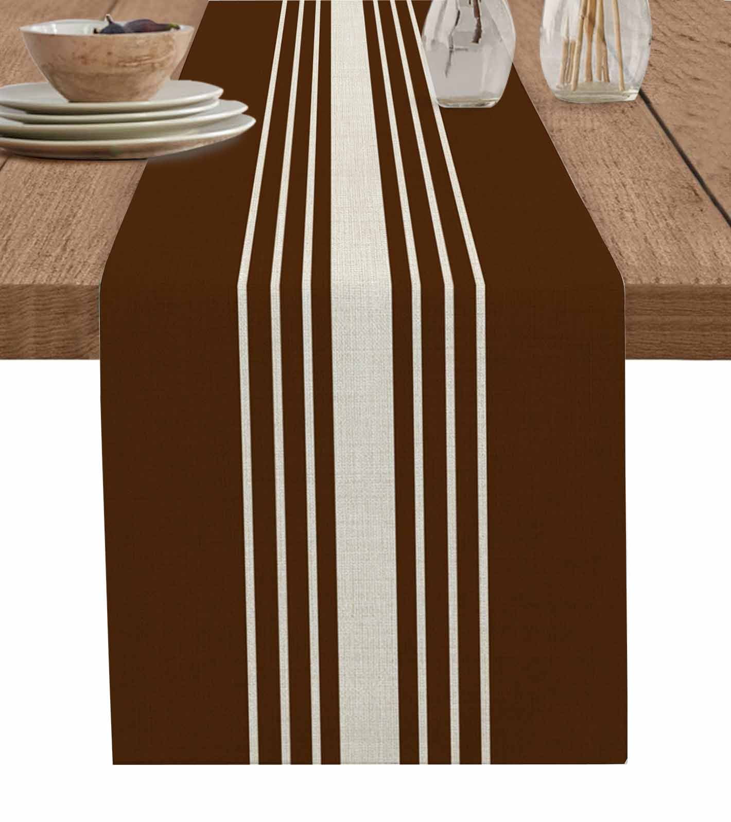 Brown Beige Striped Short Table Runners 48 Inches, Cotton Linen Fabric ...