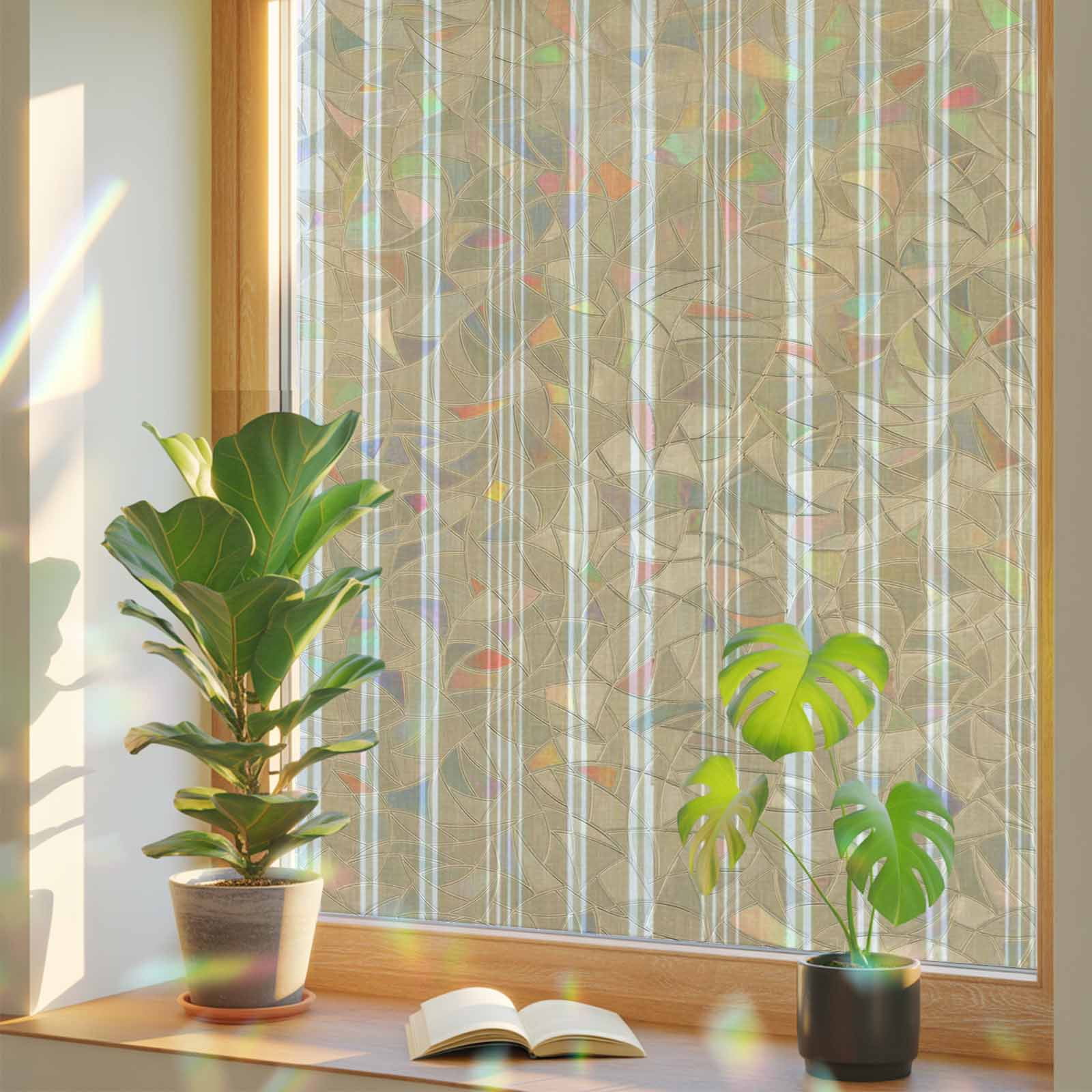 Brown Beige Striped Window Privacy Film Rainbow Static Cling Stain ...