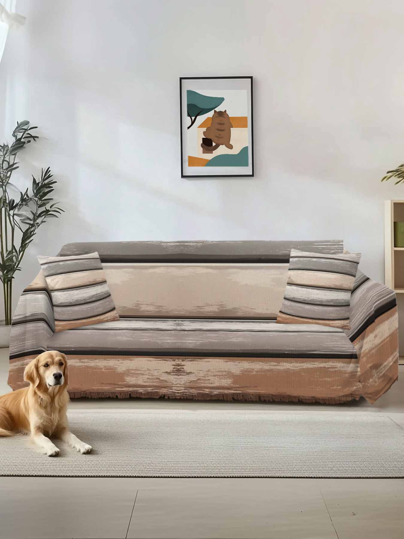 Brown Beige Stripes Couch Cover for 2 Cushion Sofa, Geometric Painting ...