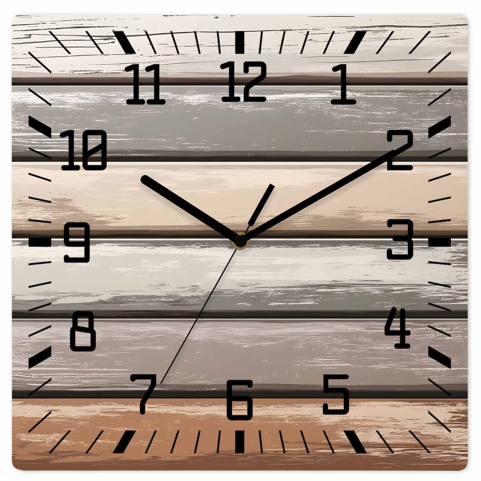 Brown Beige Stripes Wooden Wall Clock Silent Non Ticking, Geometric ...