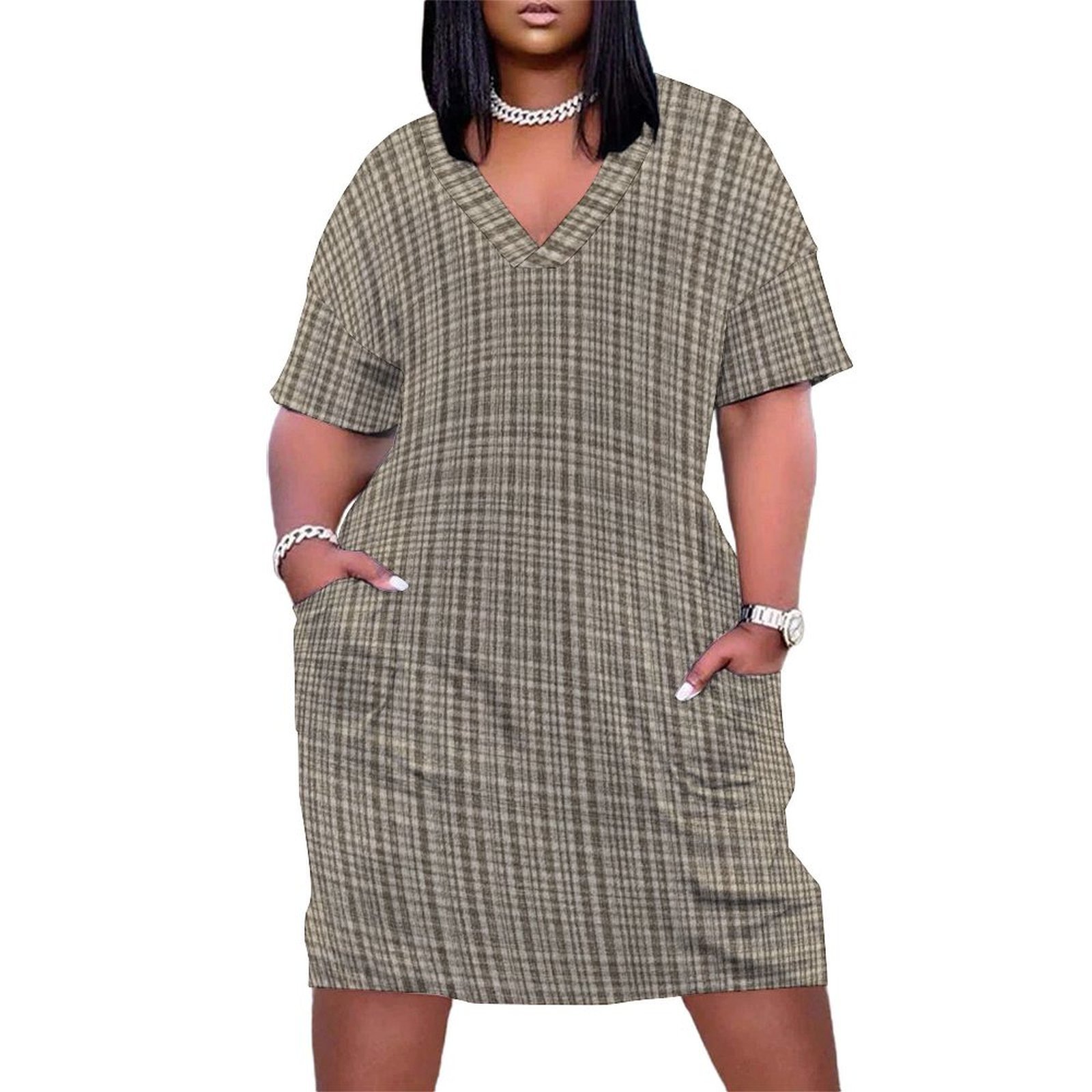 Brown Beige Subtle Plaid Fabric Loose Pocket Dress Dresses Summer ...