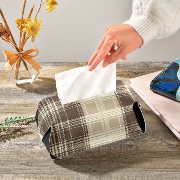 Brown Beige Tartan Plaid Leather Tissue Box Cover Rectangle Tissue ...