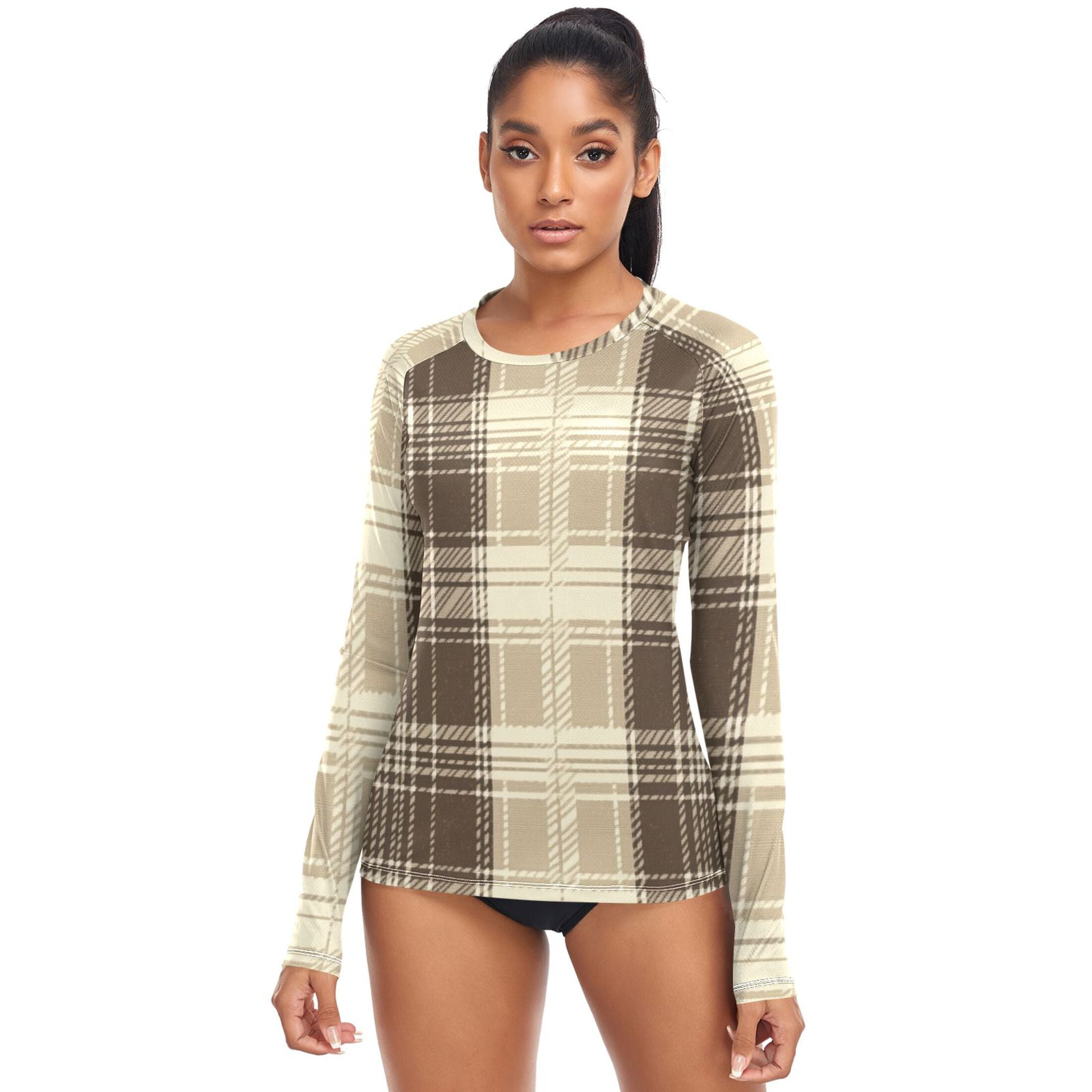 Brown Beige Tartan Plaid Women's Rash Guard Shirts UPF 50+ Sun ...
