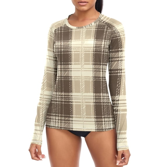 Brown Beige Tartan Plaid Women's Rash Guard Shirts UPF 50+ Sun ...