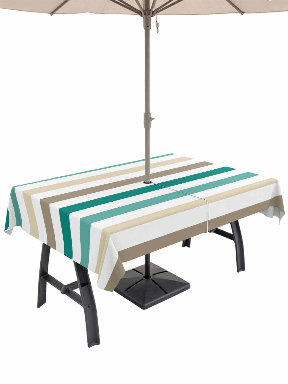 Brown Beige Teal White Striped Rectangle Outdoor Tablecloth with ...