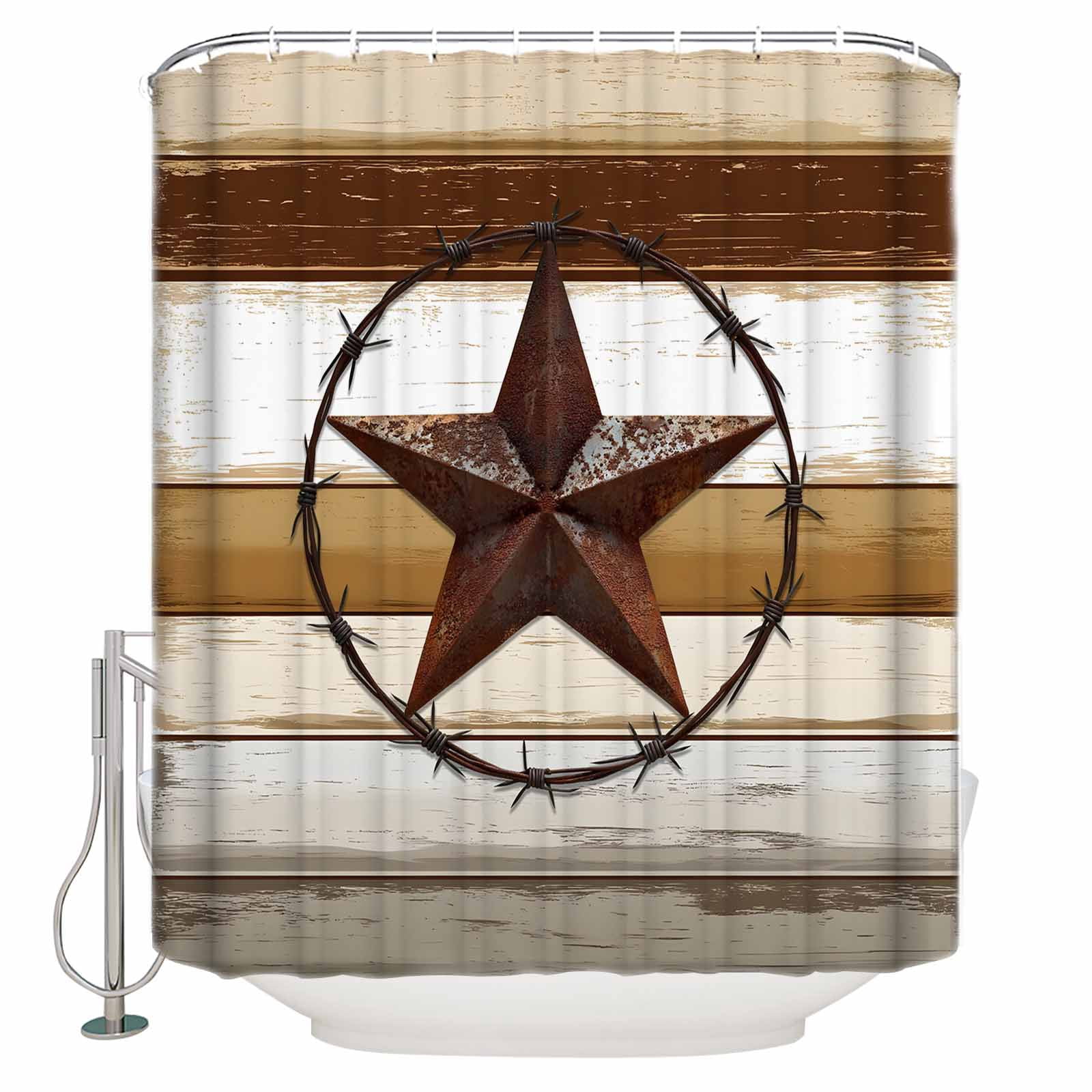 Brown Beige Texas Star Bathroom Shower Curtains with 12 Hooks Polyester ...
