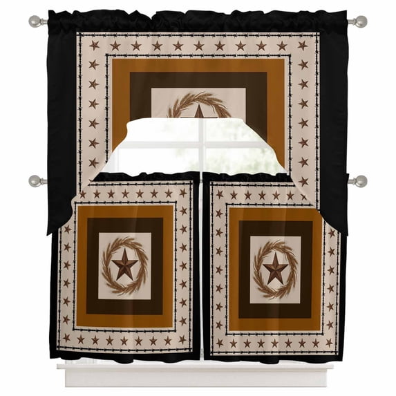 Brown Beige Western Kitchen Curtains Swag Valance and Tier Curtains Set ...