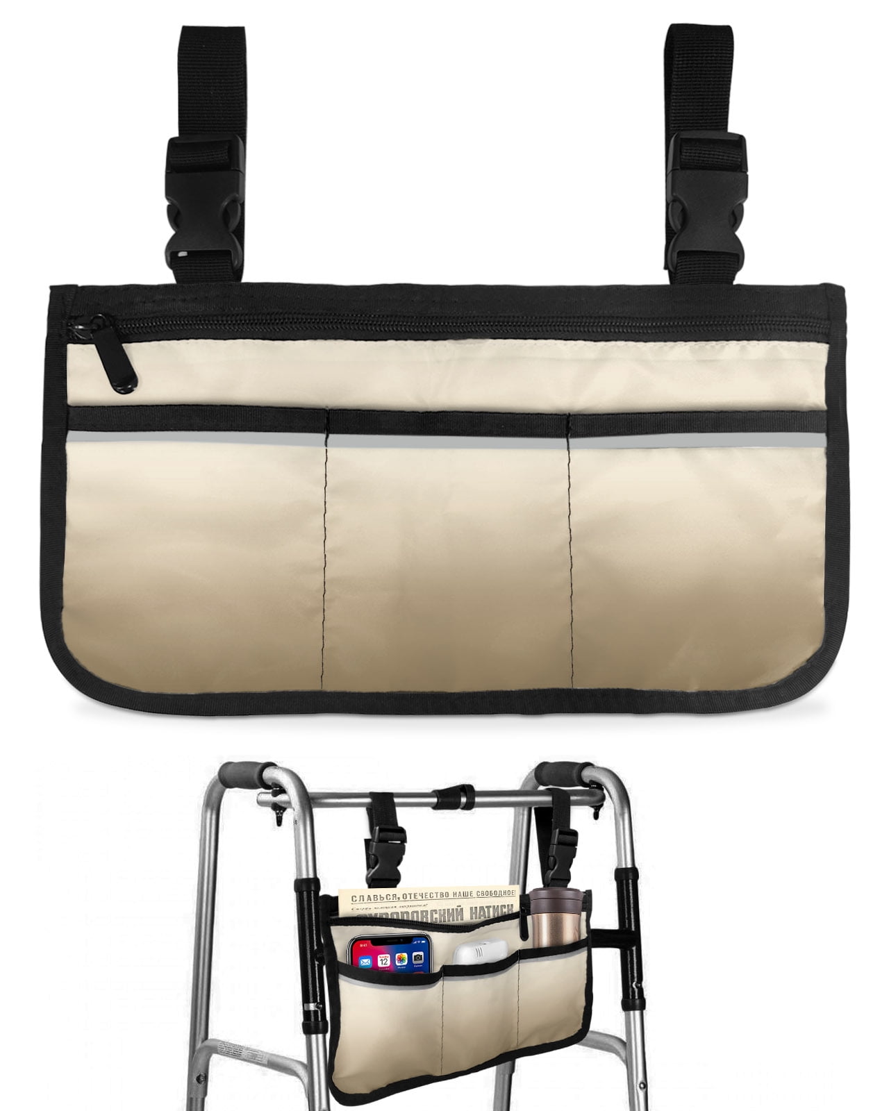 Brown Beige Wheelchair Bag with Cup Holder Walker Bag with Reflective ...