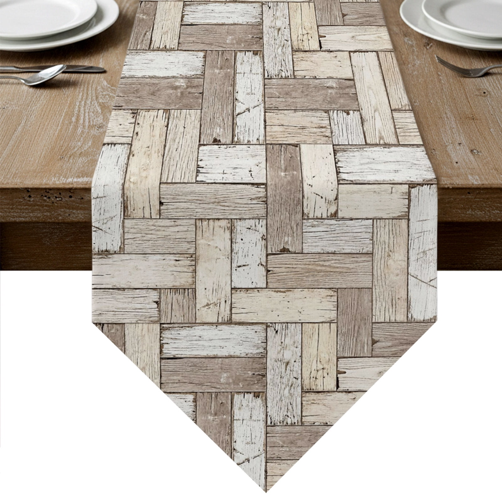 Brown Beige Wood Grain Table Runner Linen Burlap Table Runner 72 Inches ...