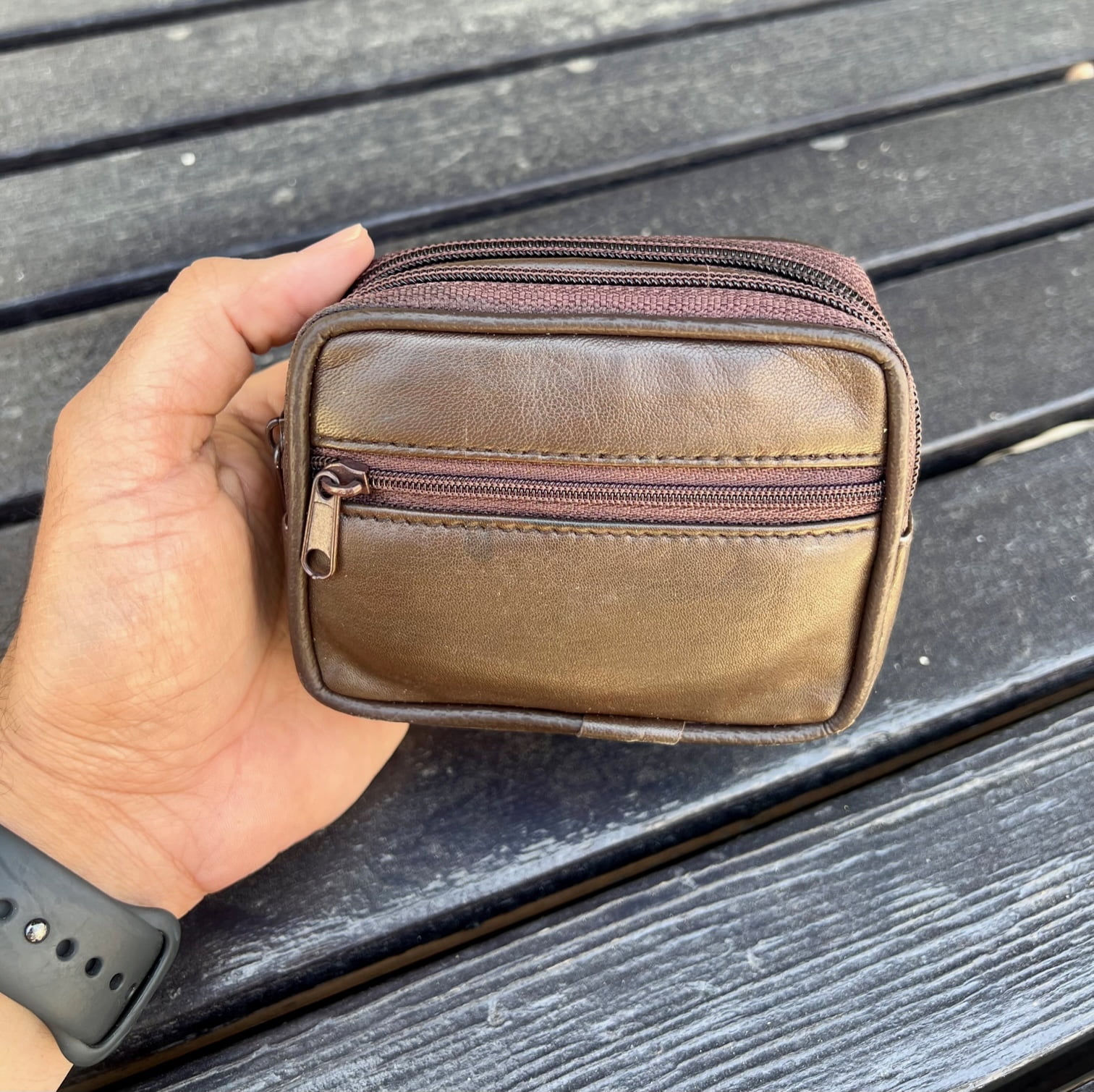 Brown Belt Pouch With 3 Zipper pockets Leather - Can hold cards, money ...