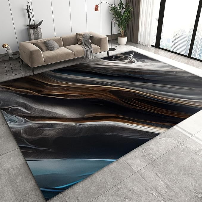 Brown Black Abstract Area Rug, Simple Black Gold Non Slip Rectangle ...