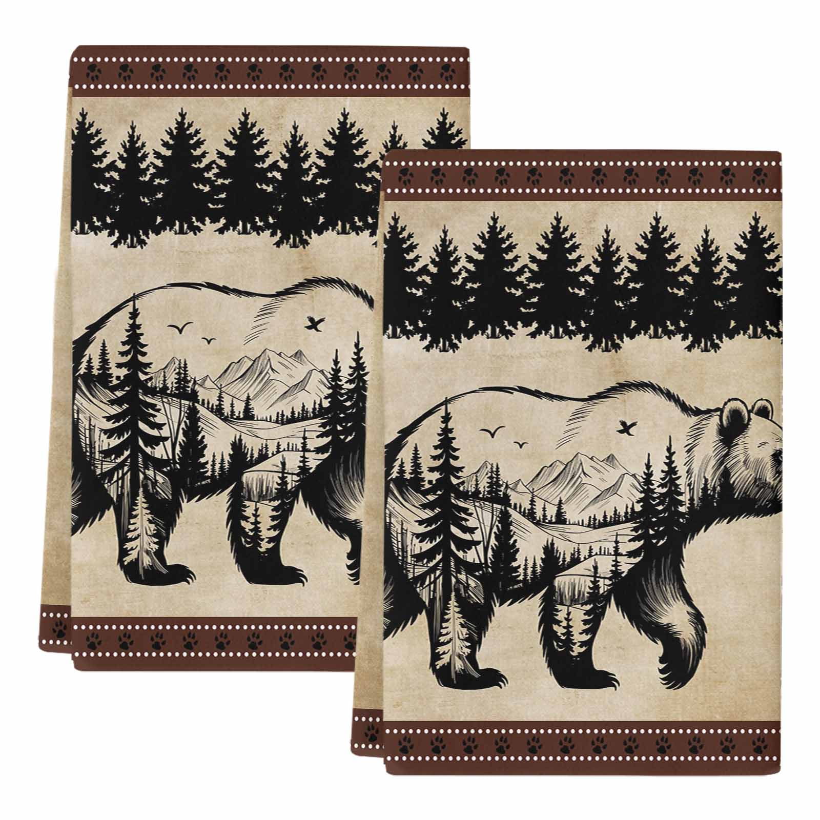 Brown Black Bear Kitchen Towels Set of 2, Farmhouse Cabin Forest ...