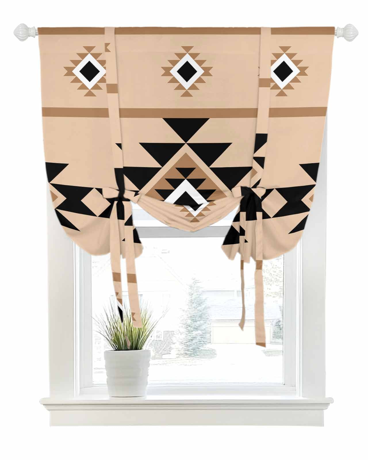 Brown Black Boho Tie Up Curtains for Window, Thermal Insulated Balloon Shade Adjustable Rod ...