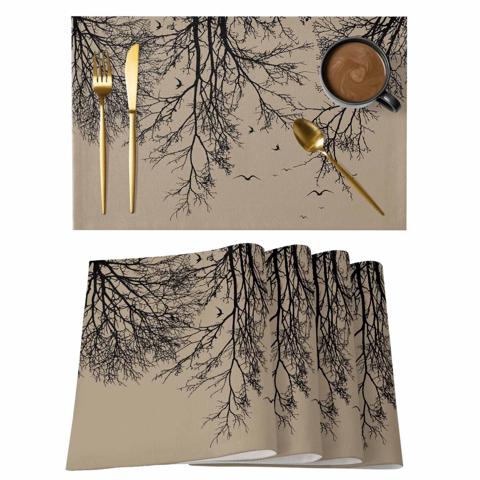 Brown Black Branches Placemats Set of 12 Botanical Dead Tree Birds ...