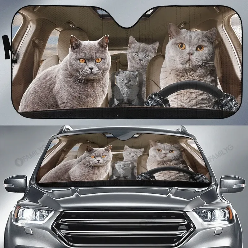 Brown-Black Cat Family Car Sunshade, Cats Auto Sun Shade, Car Auto Sun ...