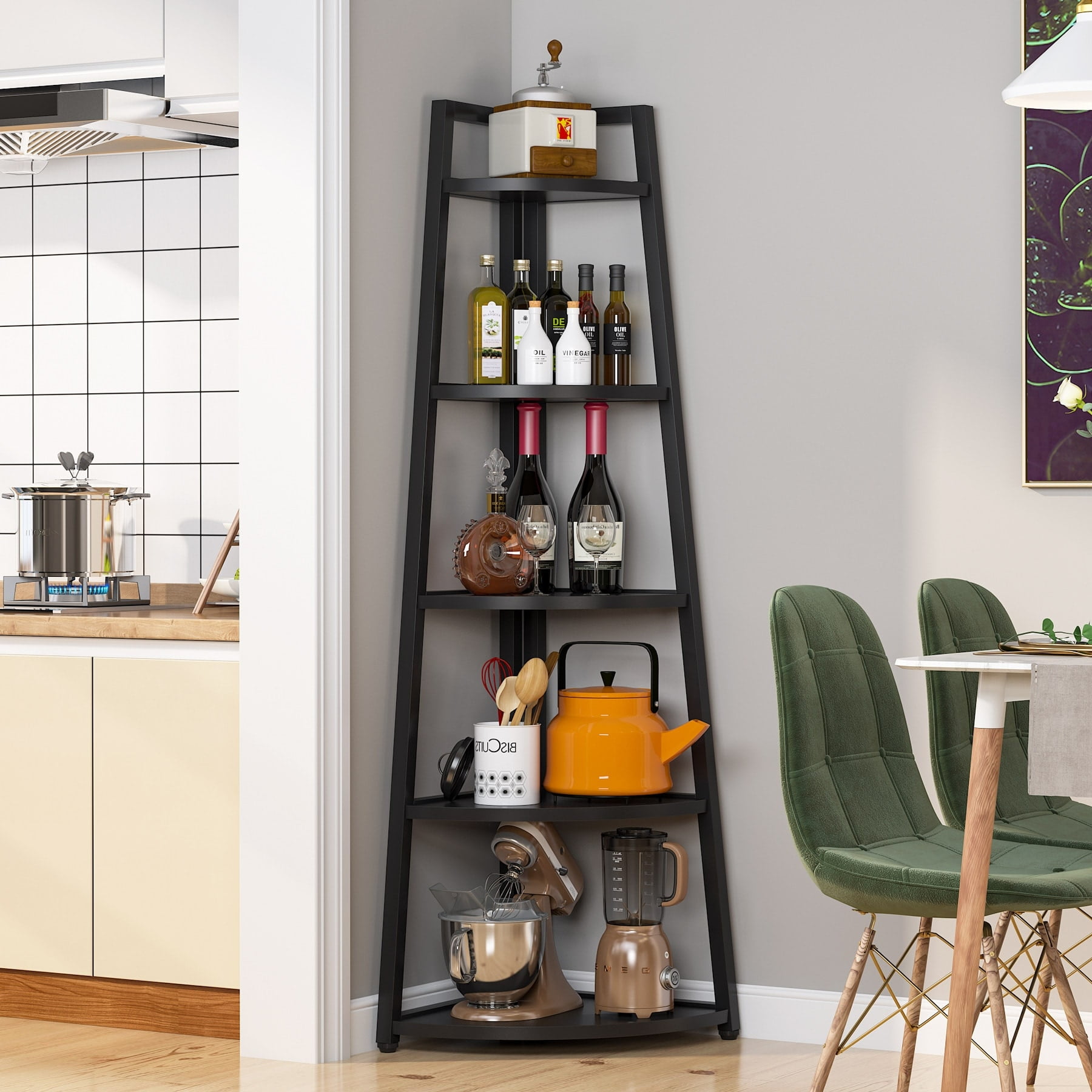 Brown/ Black Corner Ladder Shelf,5 Tier Corner Bookshelf Bookcase ...