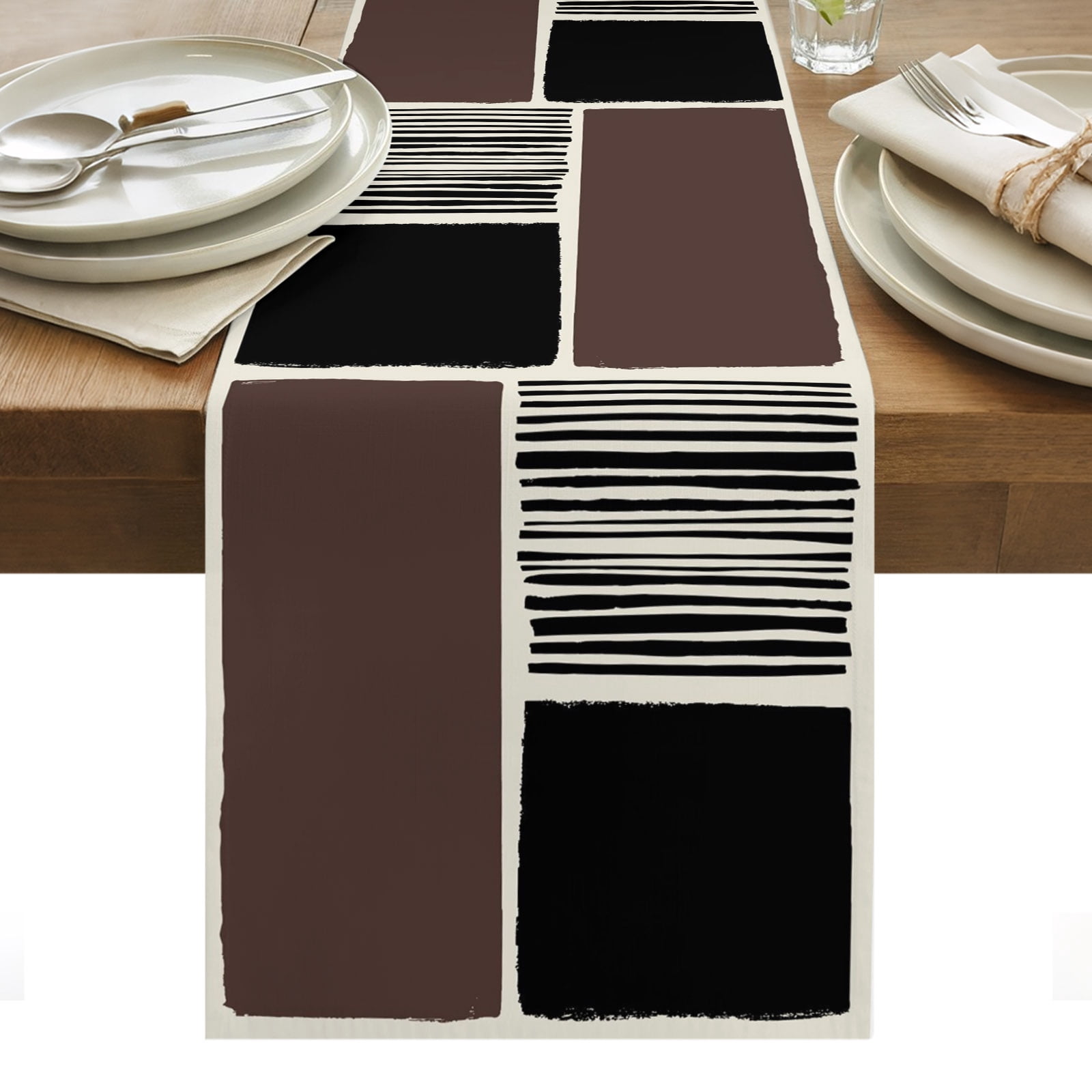Brown Black Cotton Linen Table Runner Vintage Japanese Style Striped ...