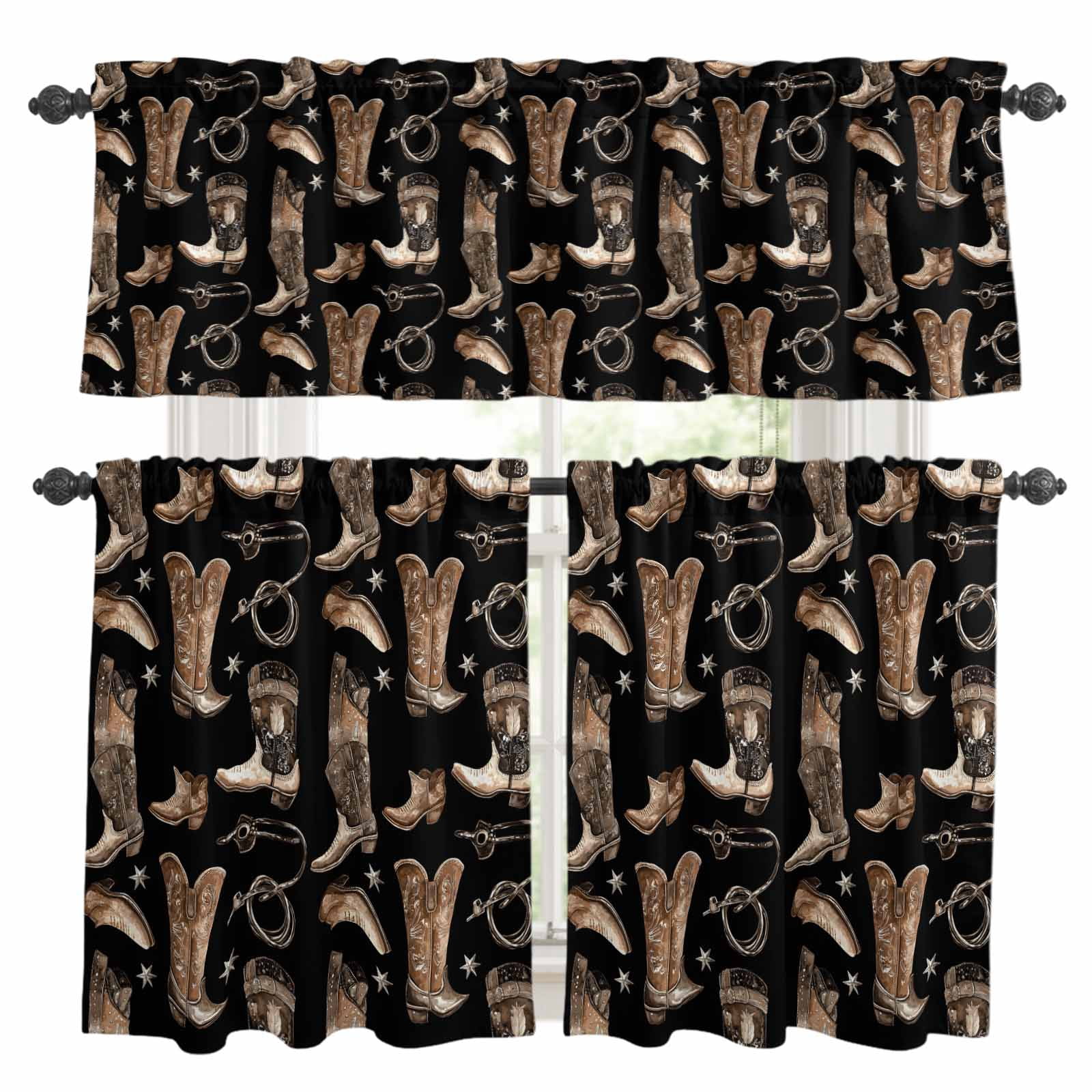 Brown Black Cowboy Kitchen Curtains Sets for Windows 36 Inch Length ...