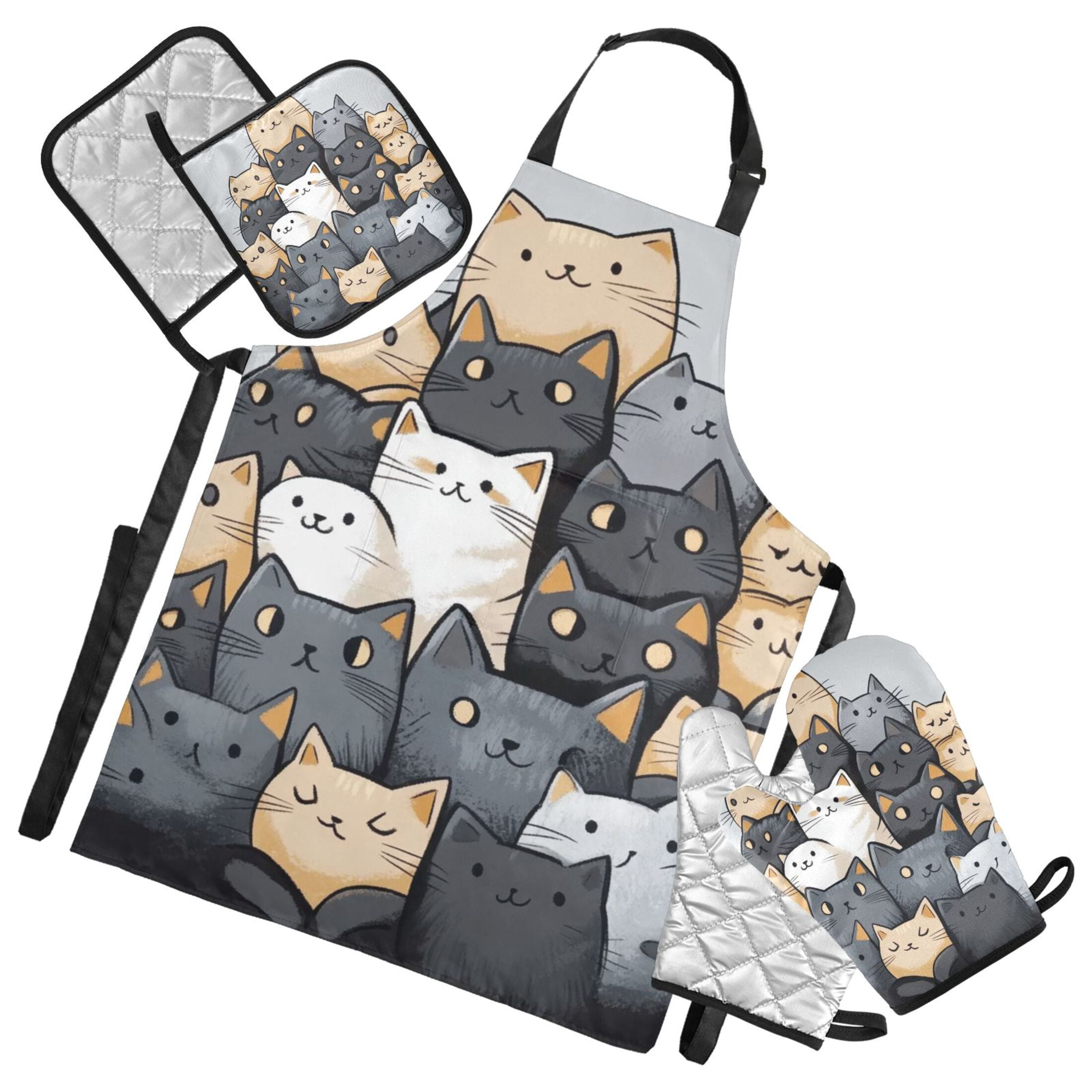Brown Black Cute Cat Oven Mitts and Pot Holders with Chef Apron Set 5 ...