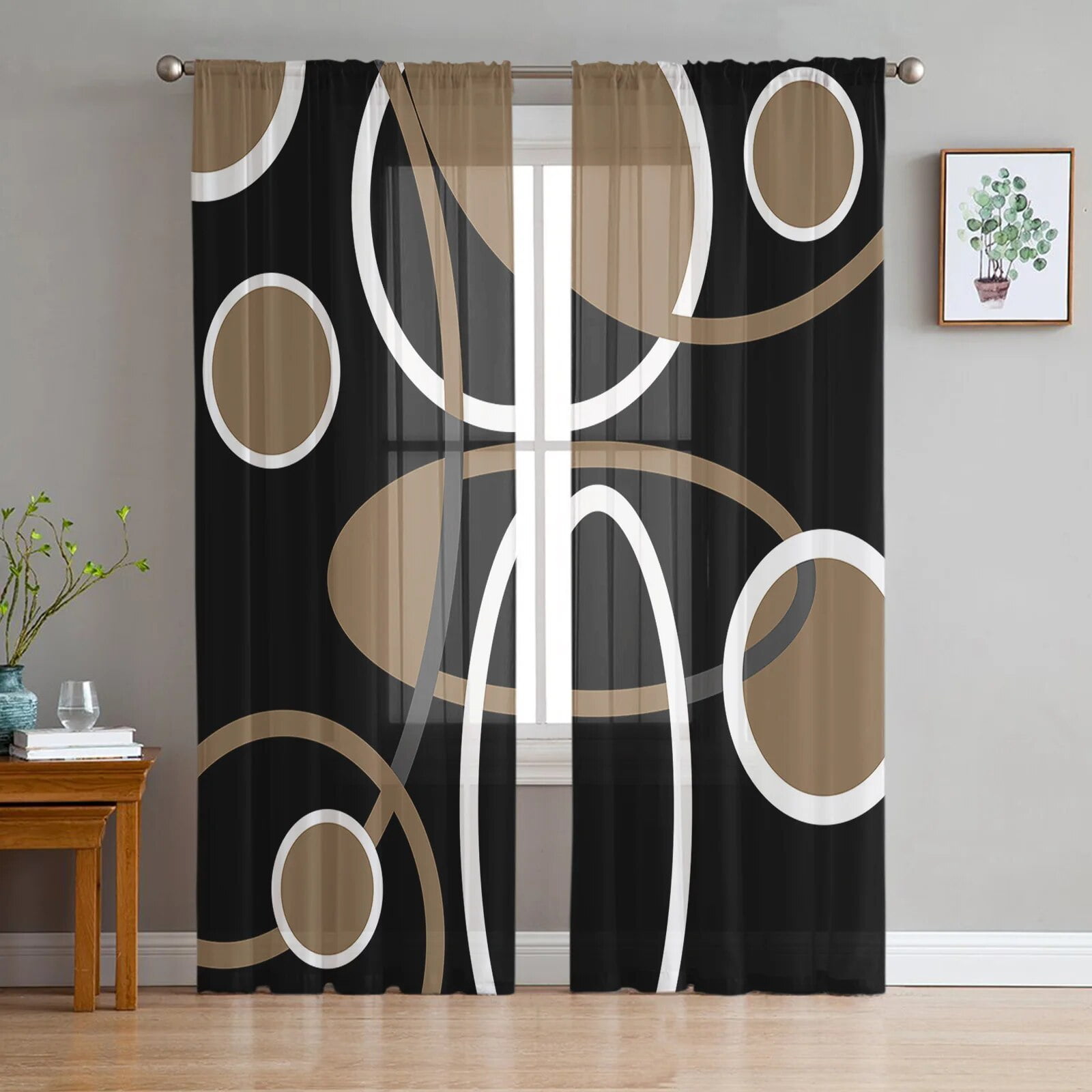 Brown Black Geometric Abstract Texture Tulle Curtains for Bedroom ...