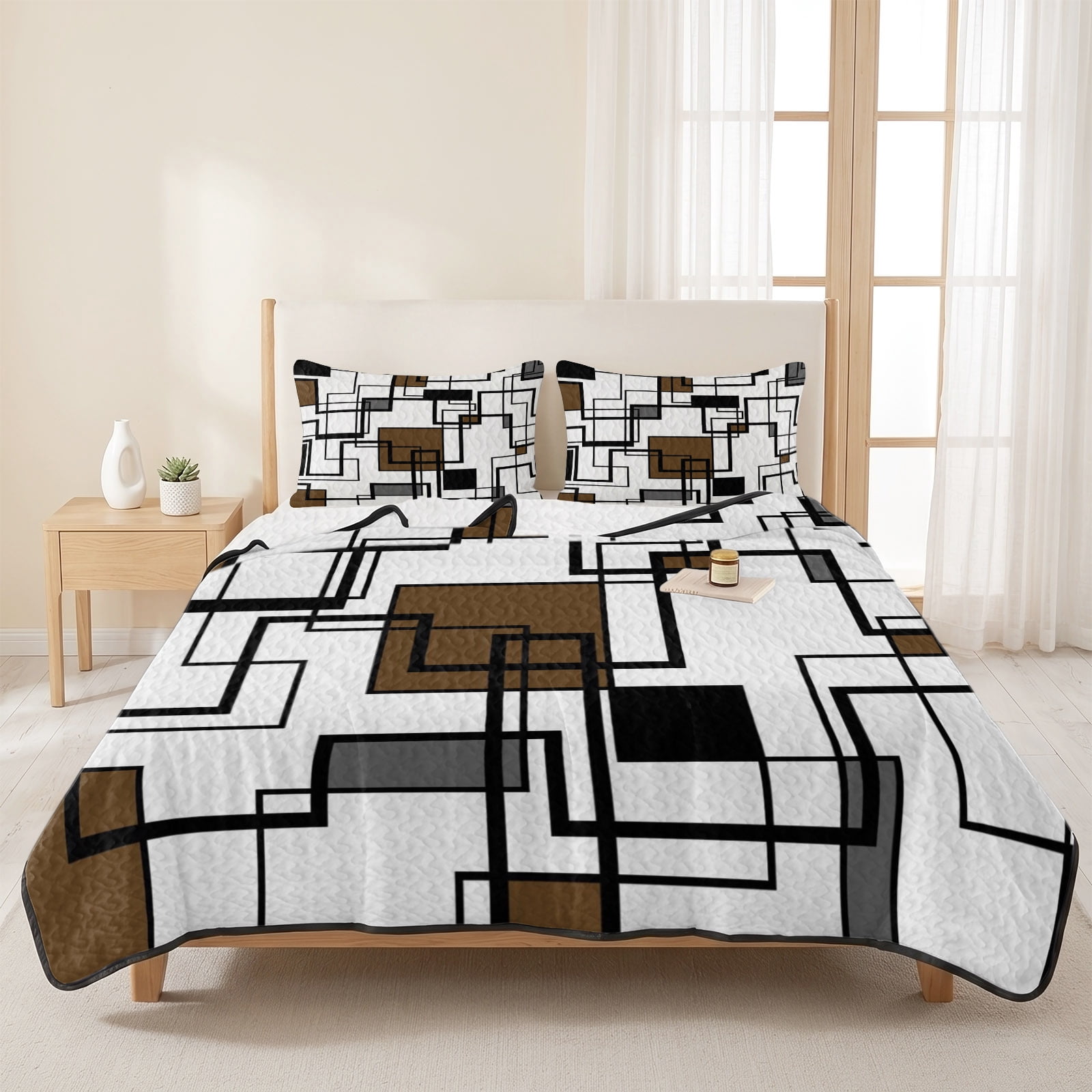 Brown Black Geometric Lines Art 3 Pieces Quilt Set,1 Quilt with 2 Shams ...