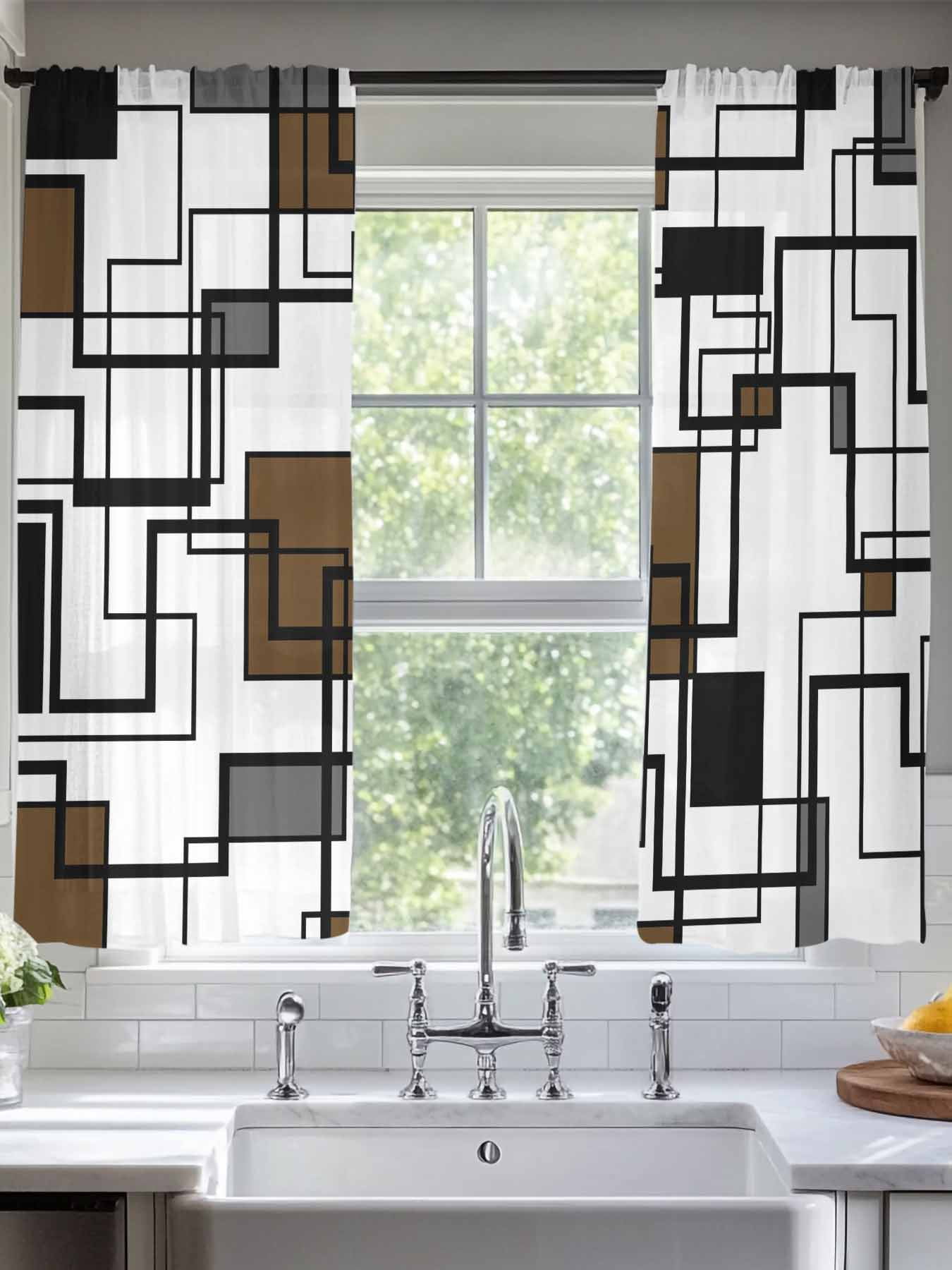 Brown Black Geometric Lines Art Chiffon Sheer Curtains 72 Inches Long ...