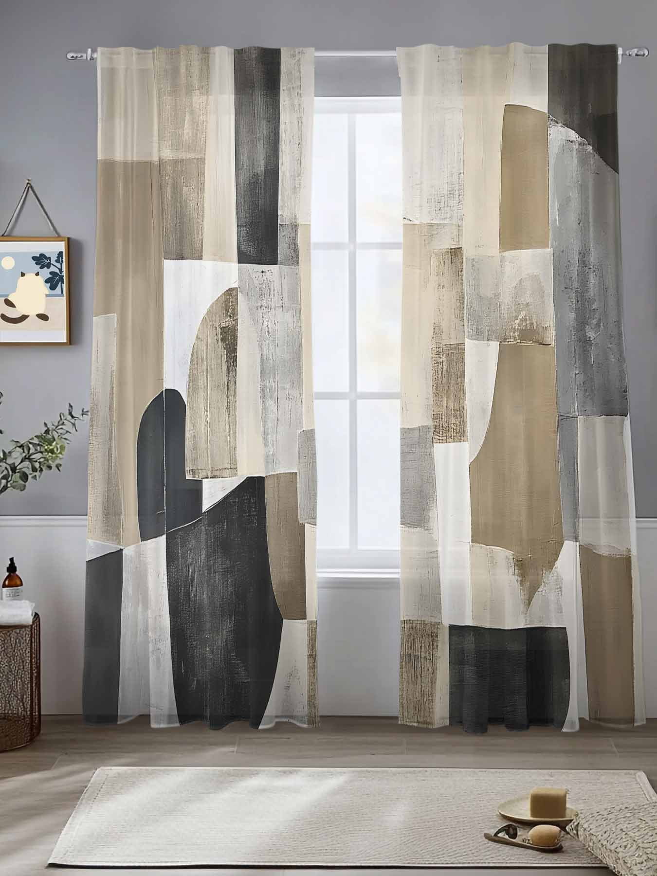 Brown Black Geometric Sheer Curtains for Living Room Bedroom Abstract ...