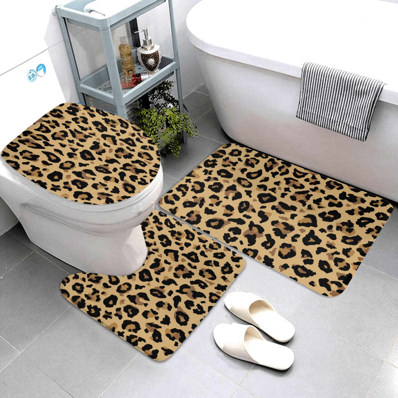 Brown Black Leopard Fur Pattern Bath Mat Set 3 Piece Non Slip Rug ...