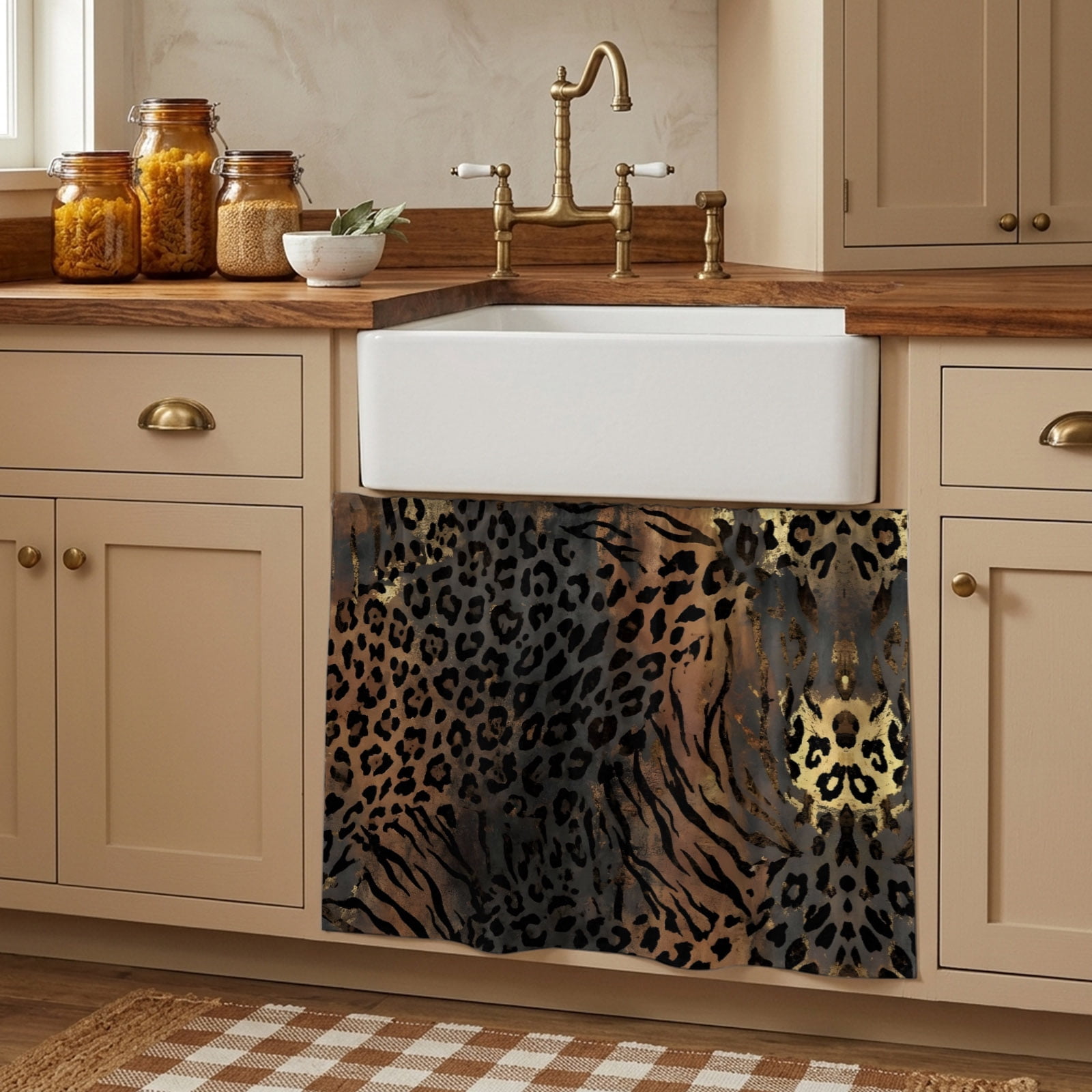 Brown Black Leopard Print Small Cabinet Curtains 11"W x 13"L, Vintage ...