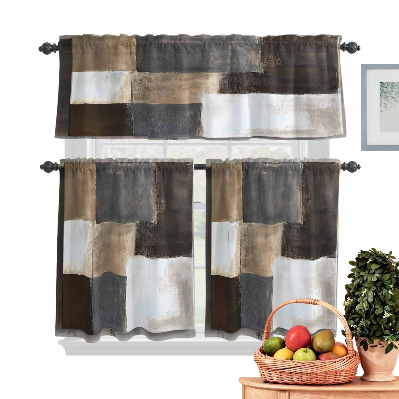 Brown Black Painting Kitchen Curtains Valances 3 Piece Set, Abstract ...
