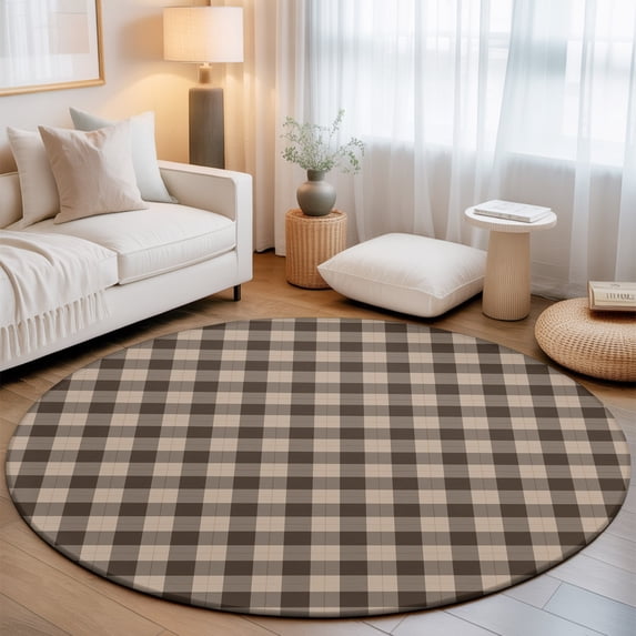 Brown Black Plaid 8' Round Rug for Open Concept Living Room Seating ...