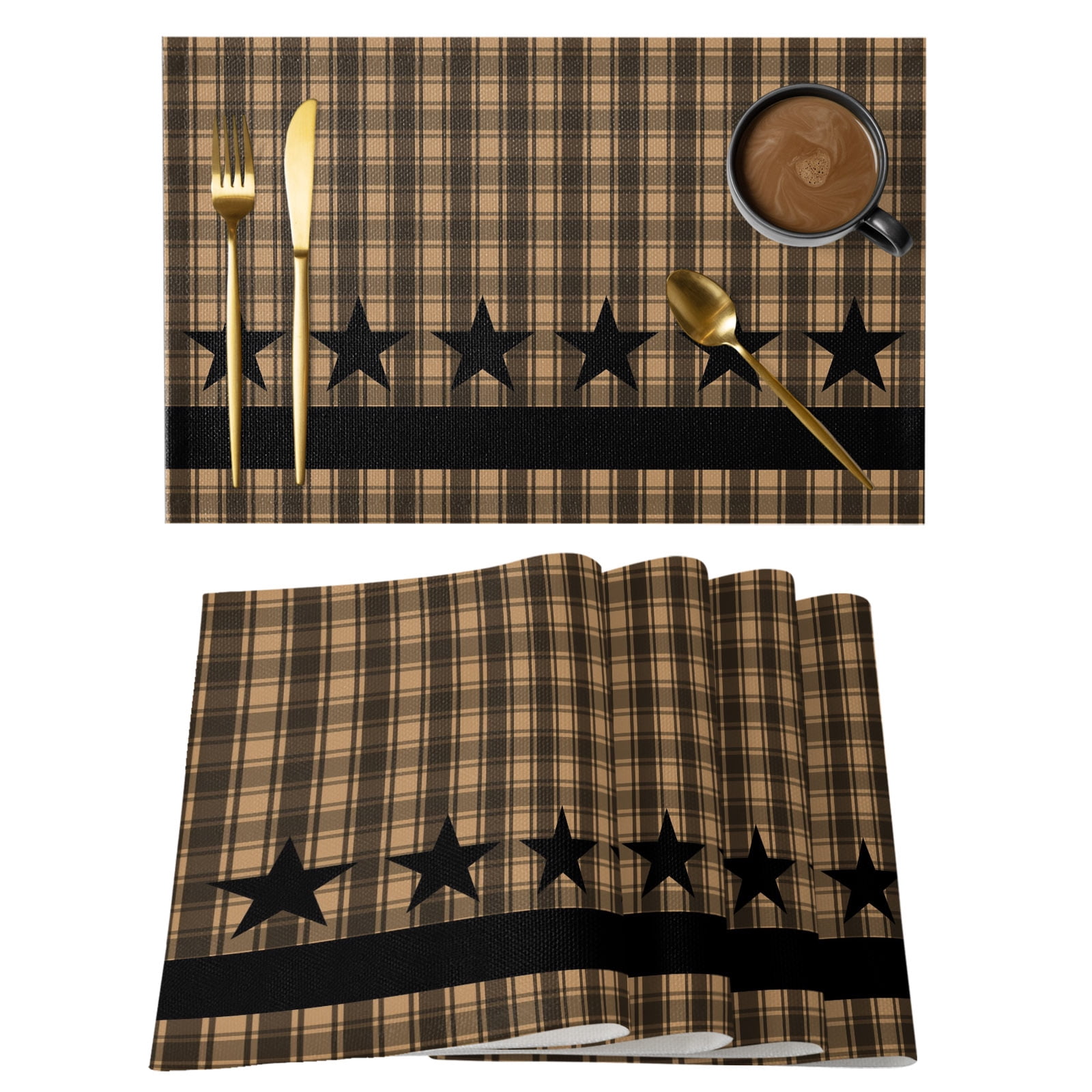 Brown Black Plaid Placemats Set of 4, Cotton Linen Fabric Place Mats ...