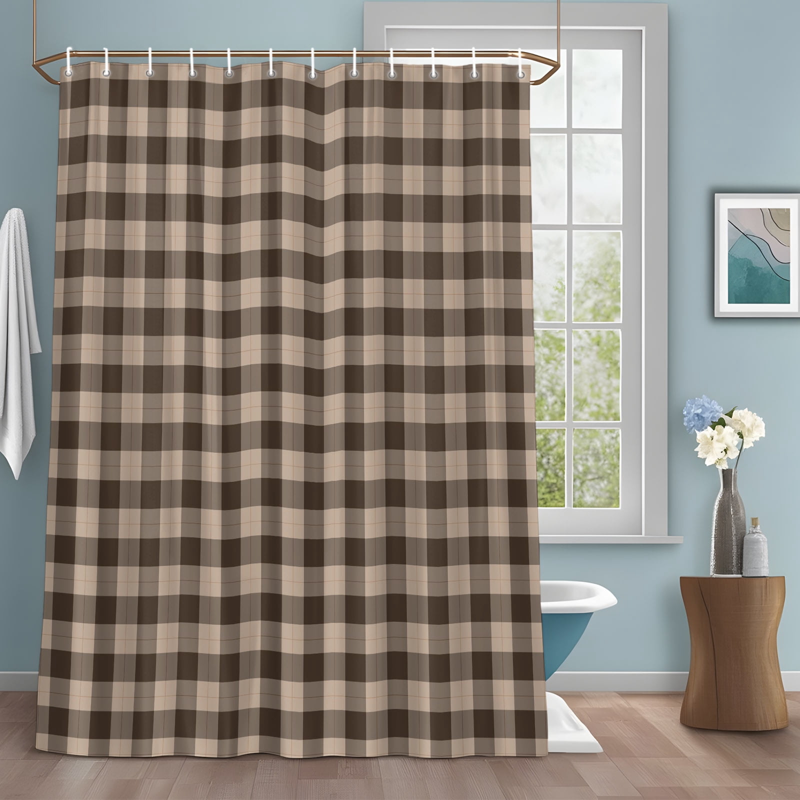 Brown Black Plaid Shower Curtain Set with Hooks, Country Rustic ...